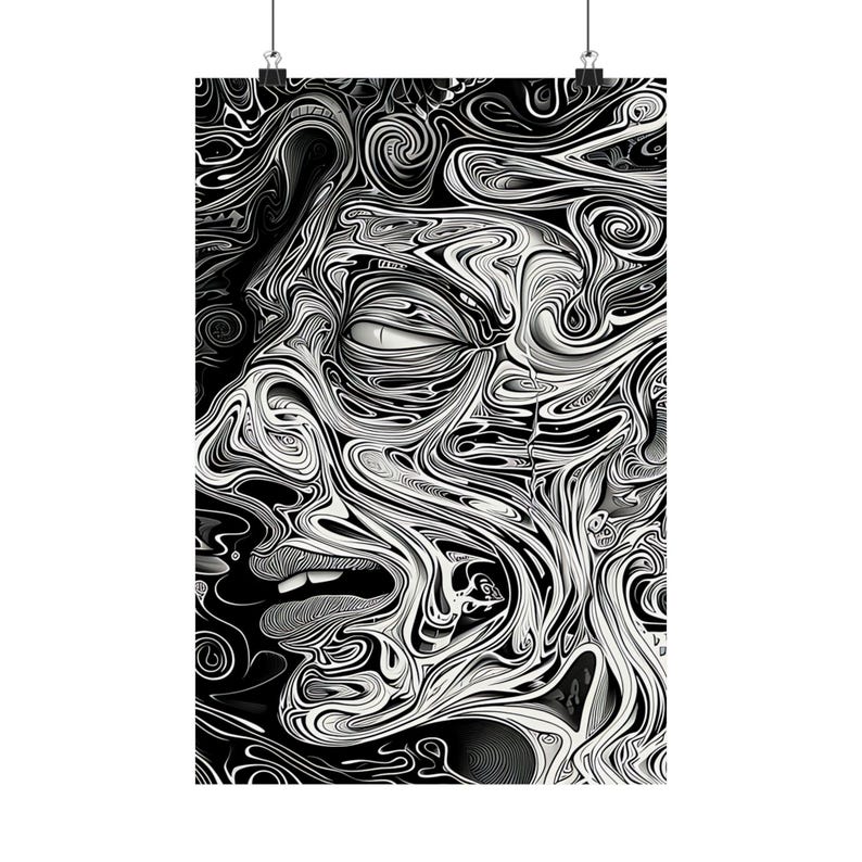 Abstract Black & White Swirls Poster Psychedelic Melting Face Art Detailed Generative Patterns ...