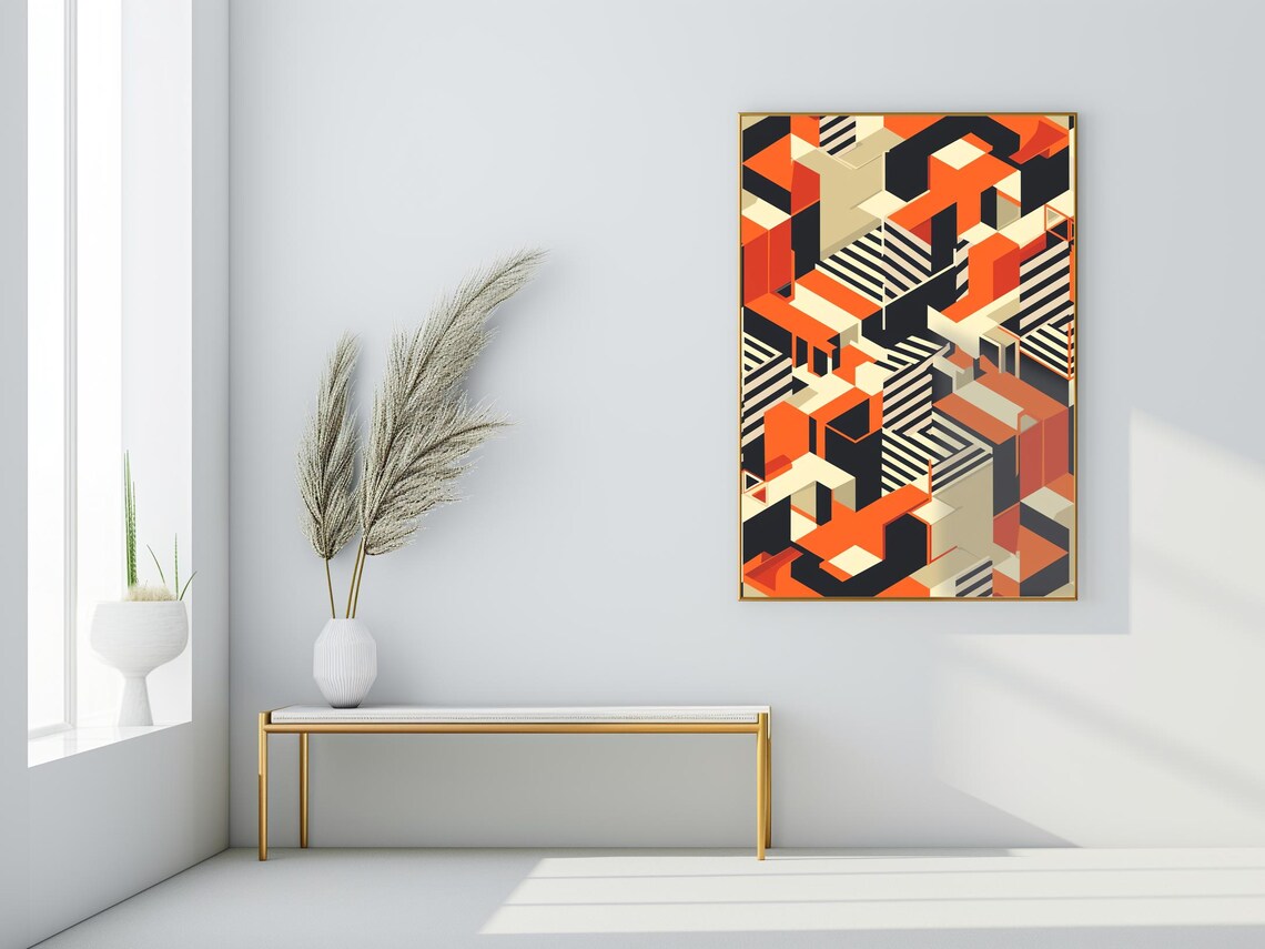 Abstract Cubist Isometric Art Poster Orange & Black Geometric Blocks ...