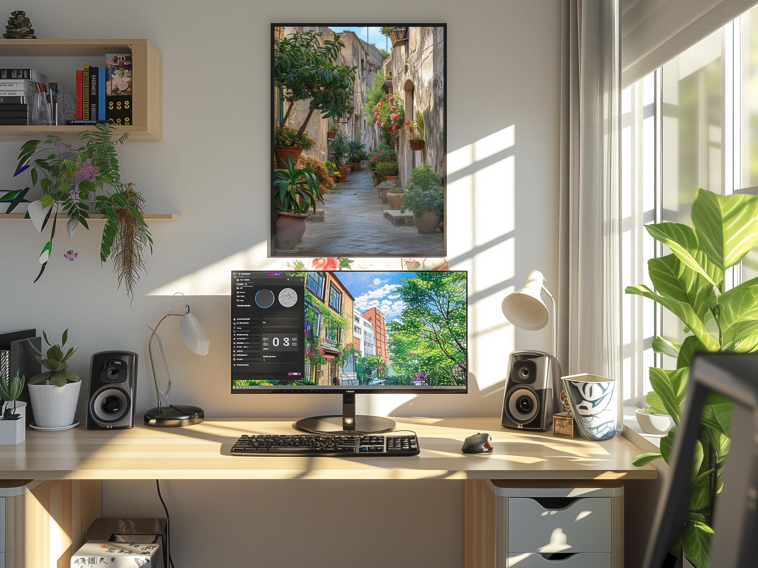 Cozy Romanesque Street Art Poster Winding Alleys & Potted Plants ...