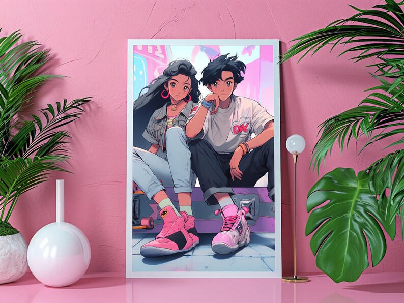 Vintage Anime Skateboard Poster 90s Aesthetic Art Print Cgsociety Inspired Unique Wall Decor
