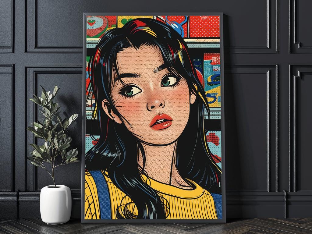 Retro Pop Art Anime Girl Portrait Yellow Shirt Close-up Korean Art ...