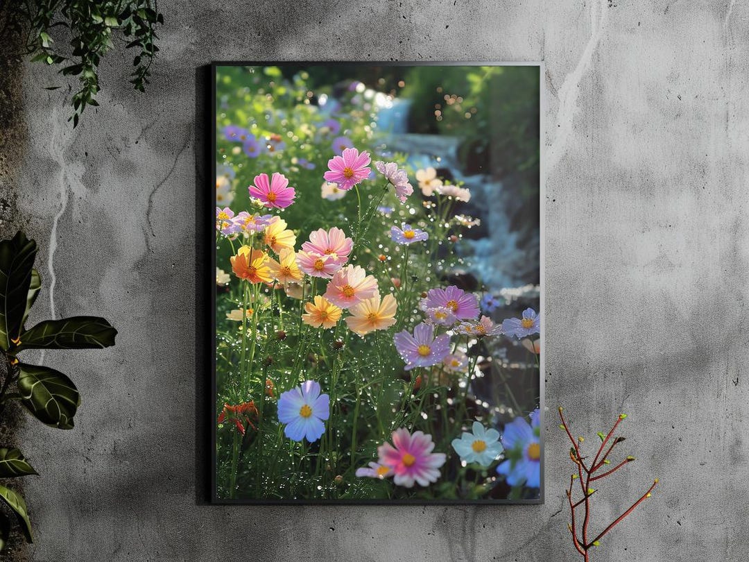 Vibrant Flower Field Stream Poster Enchanted Meadow Painting Art Print ...