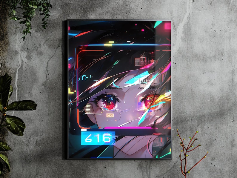 Cyberpunk Anime Art Poster Pack X4 X2 Digital Computer Screen Art Face ...