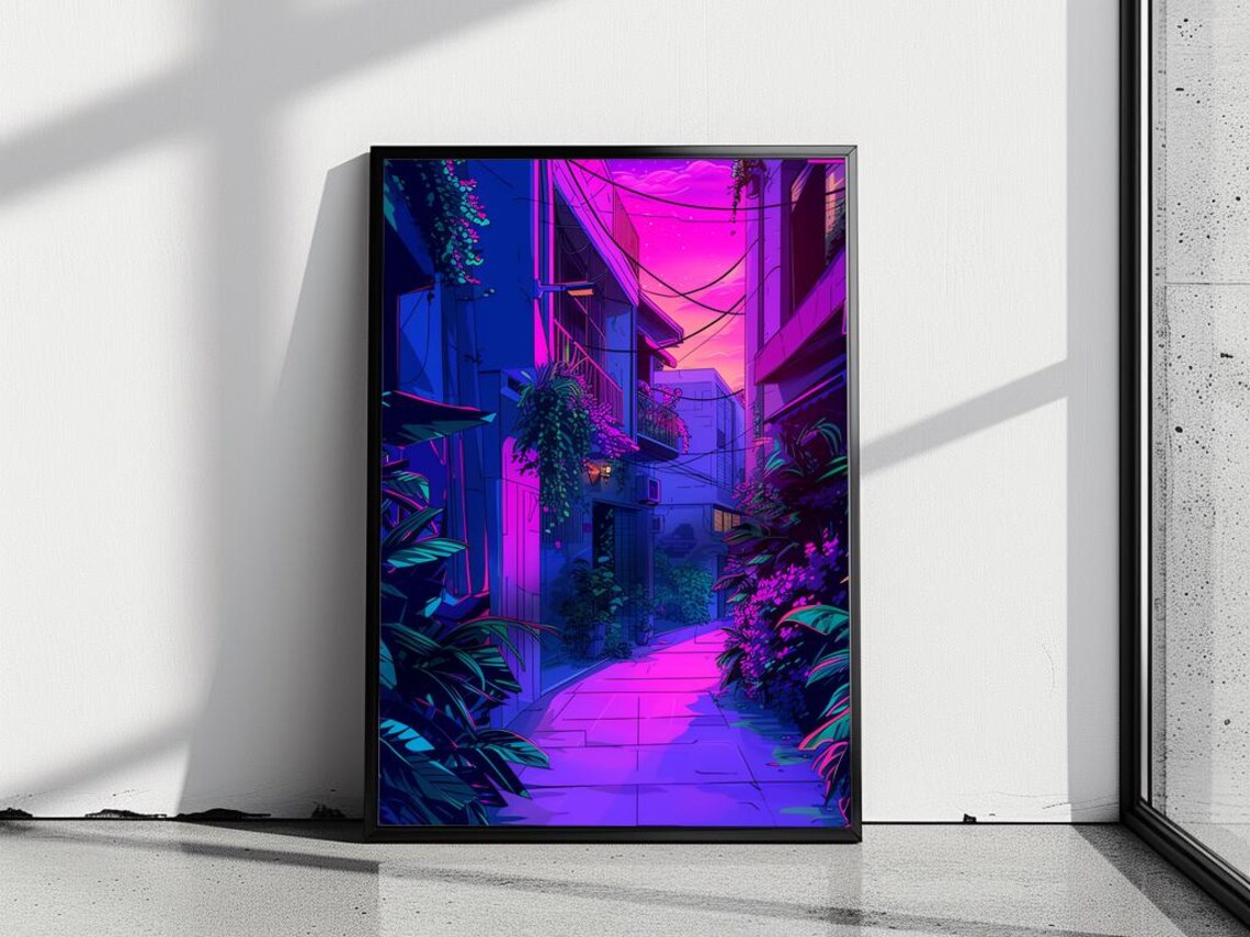 Cyberpunk Synthwave Neon Street Art Poster Synchromism Building ...