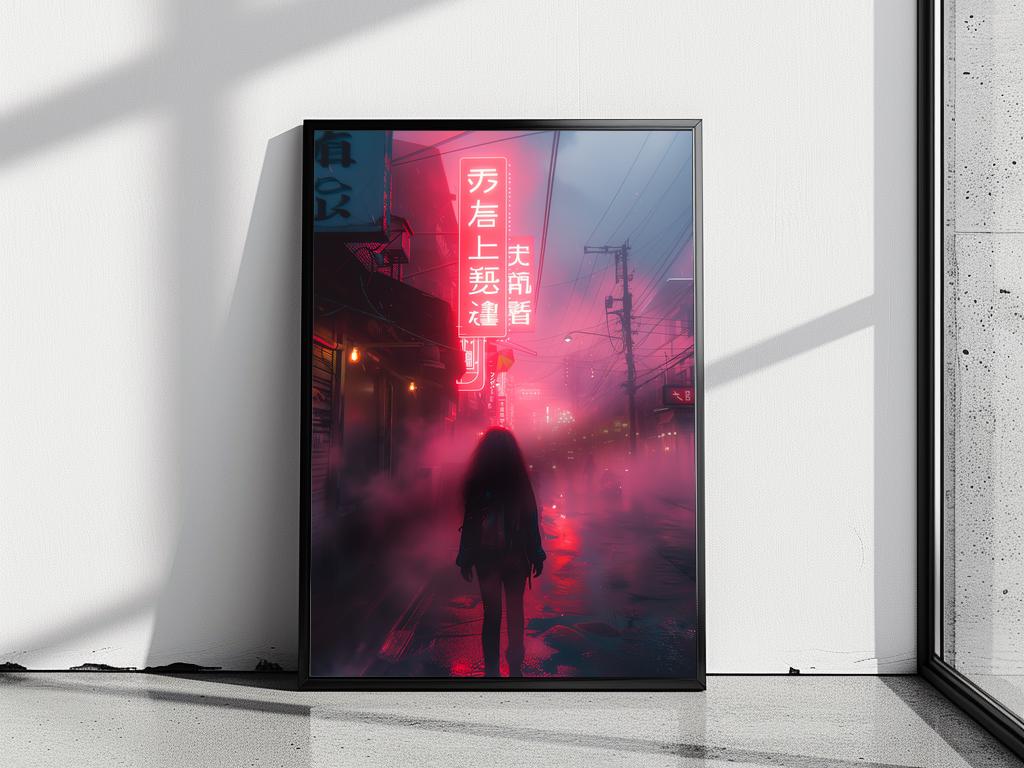 Cyberpunk Street Scene Poster Neo-romanticism Art Foggy Neon Night ...