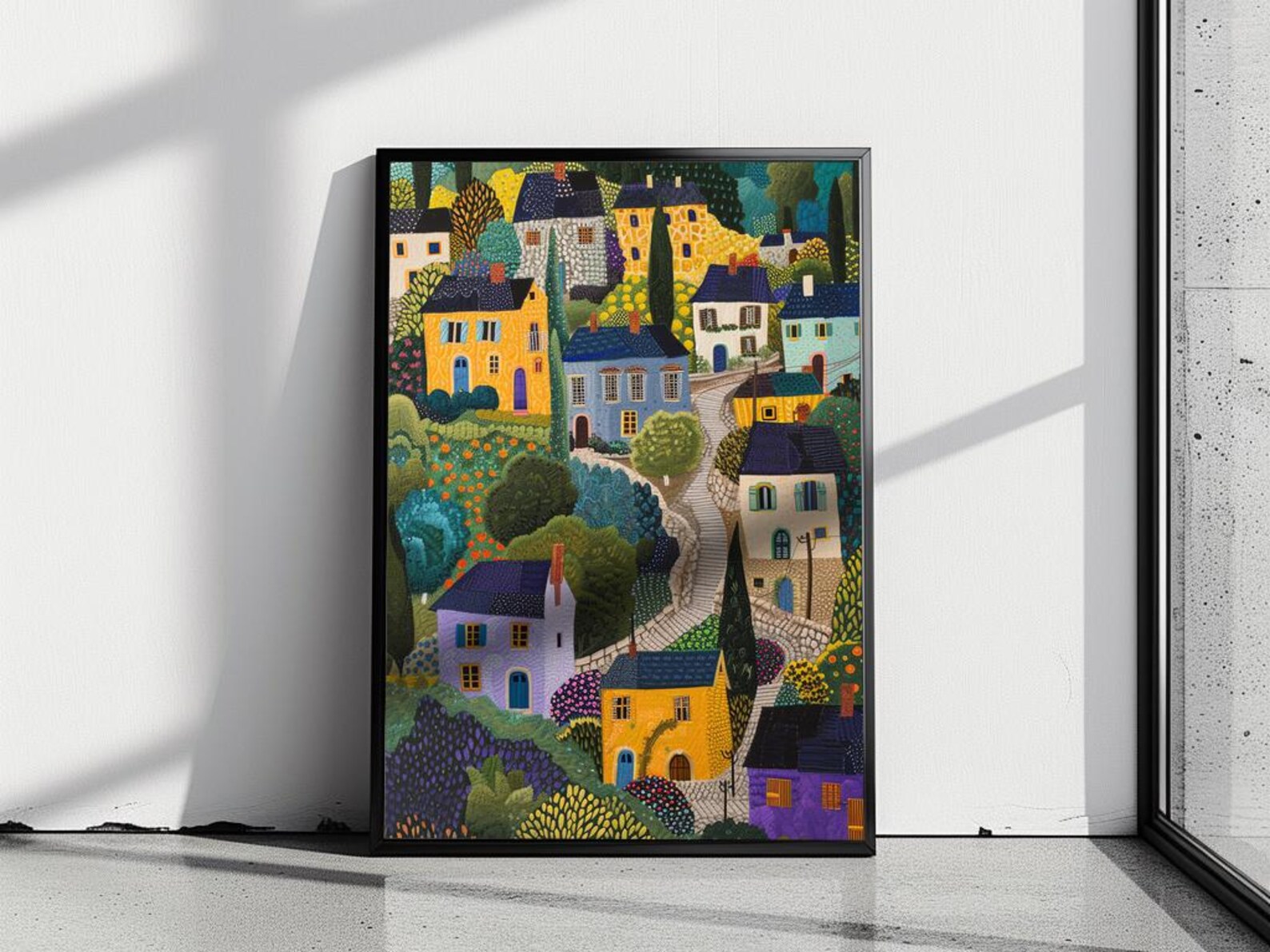 Whimsical Hillside Pointillism Poster Naive Art Landscape Gouache ...