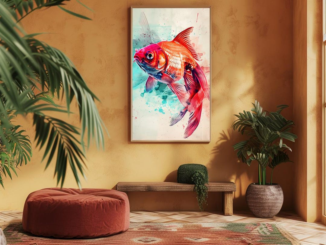 Psychedelic Goldfish Watercolor Poster Airbrush Art Colorful Koi Fish ...