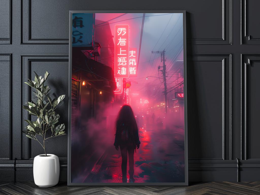 Cyberpunk Street Scene Poster Neo-romanticism Art Foggy Neon Night ...