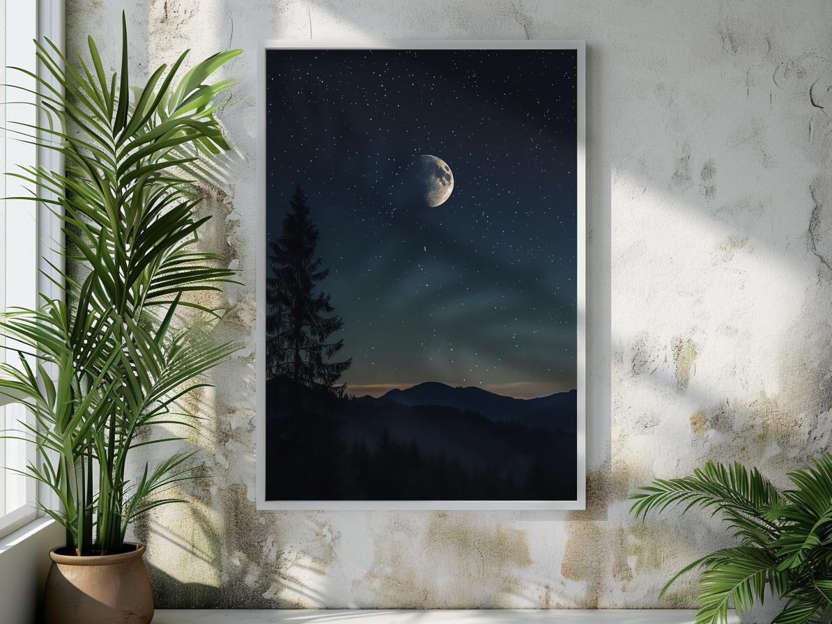 Moonlit Mountain Art Night Sky Forest Poster Space Landscape Trending ...