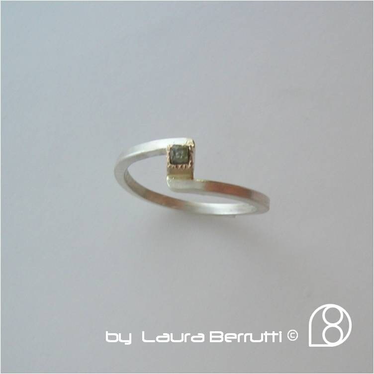 Starling Silver Ring With 14K Gold and Raw Square Diamond - Etsy