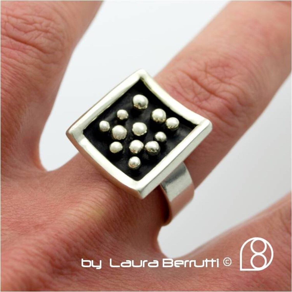 Sterling Ring With Pinheads in Oxidized Curve Square - Etsy