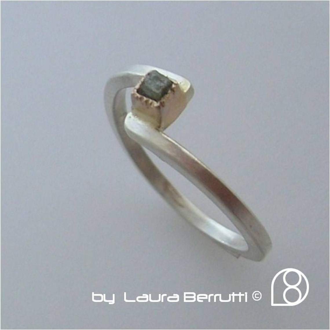 Starling Silver Ring With 14K Gold and Raw Square Diamond - Etsy