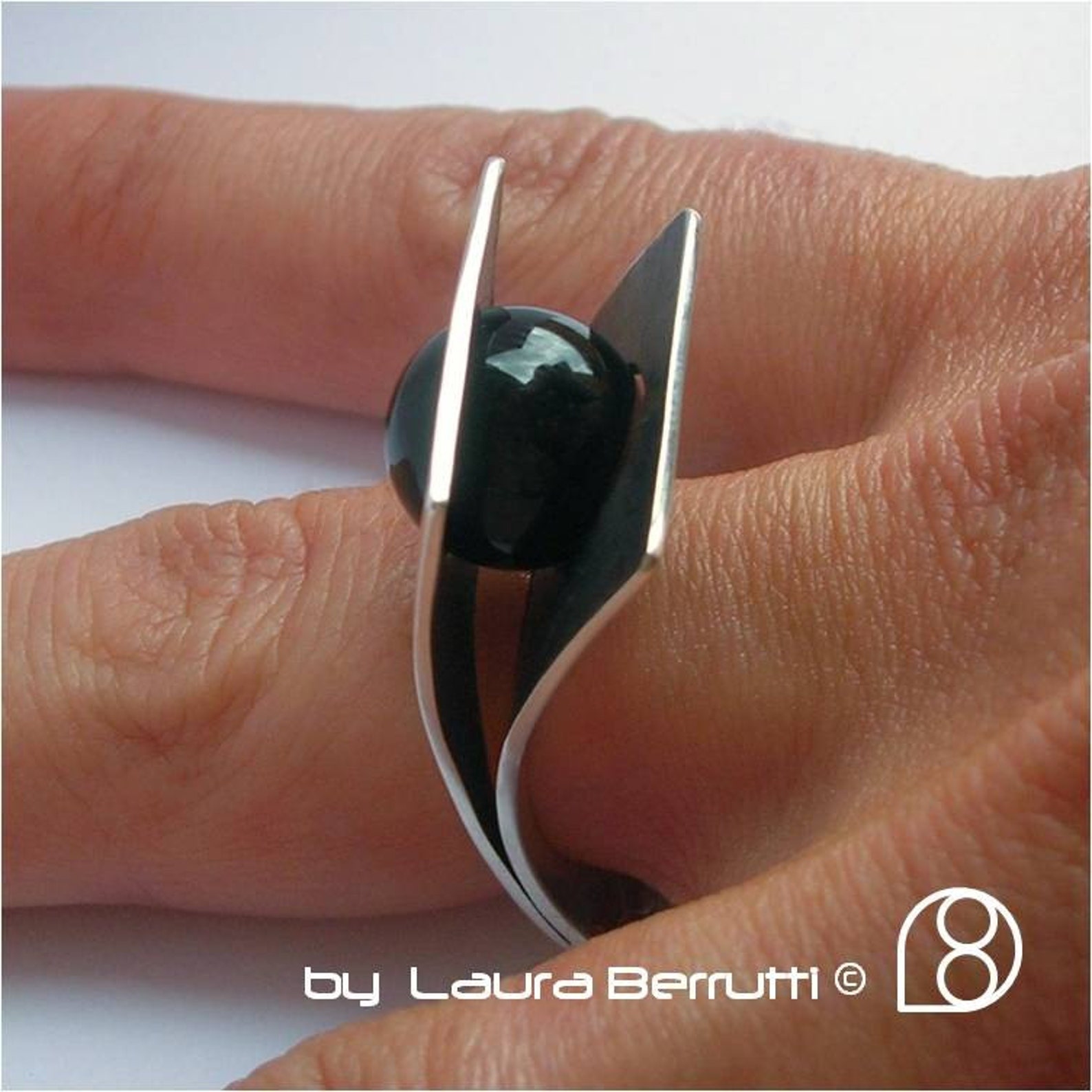 Sterling Curved Ring With Onix Stone Sphere - Etsy