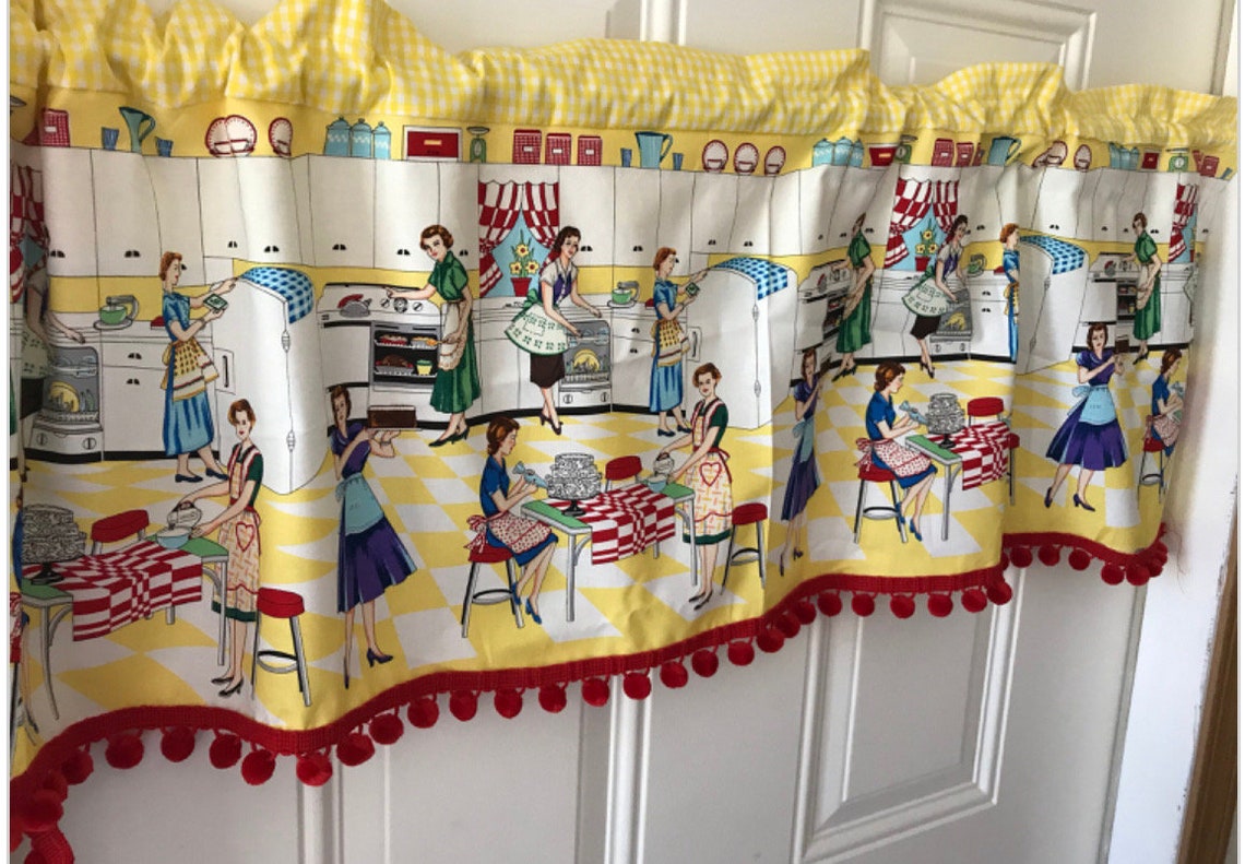 Retro 50s Kitchen Scene Pom Pom Border Window Topper Curtain Valance - Etsy