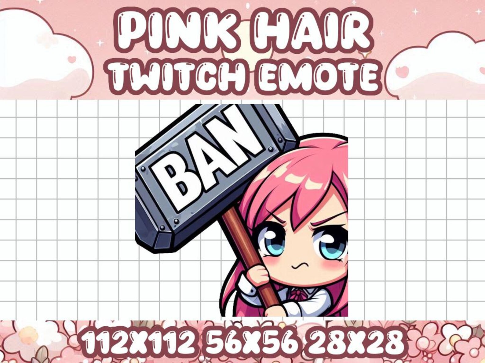 Pink Hair Girl Ban Hammer Emote | Cute Kawaii Chibi Moderator Icon for ...