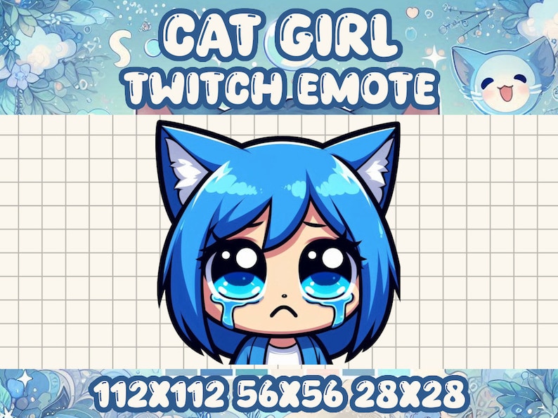 Blue Cat Girl Sad Emote Cute Kawaii Chibi Icons Adorable Gamer Emotes ...