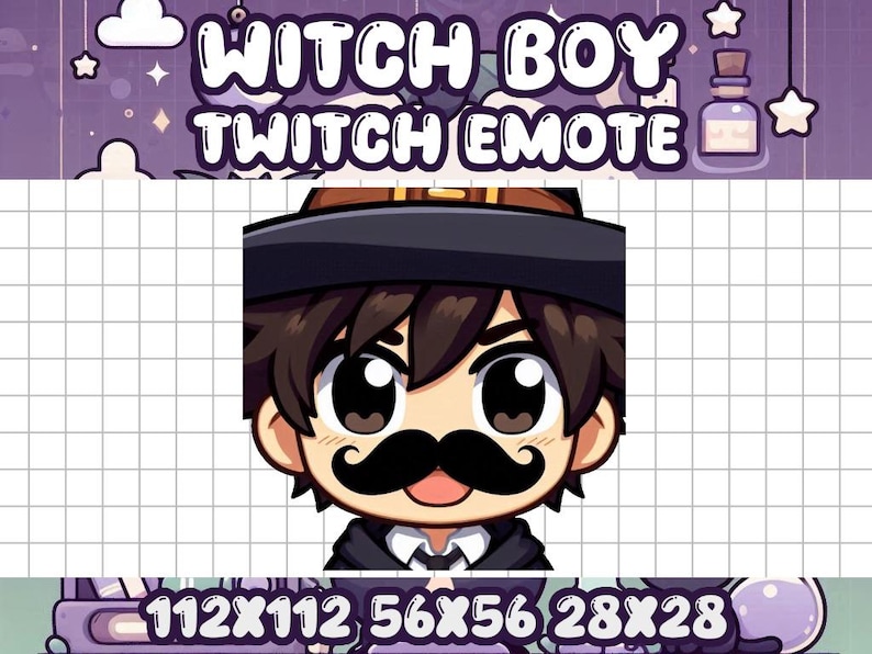 Brown Hair Witch Boy Mustache Emote | Kawaii Chibi Icon for Twitch and ...