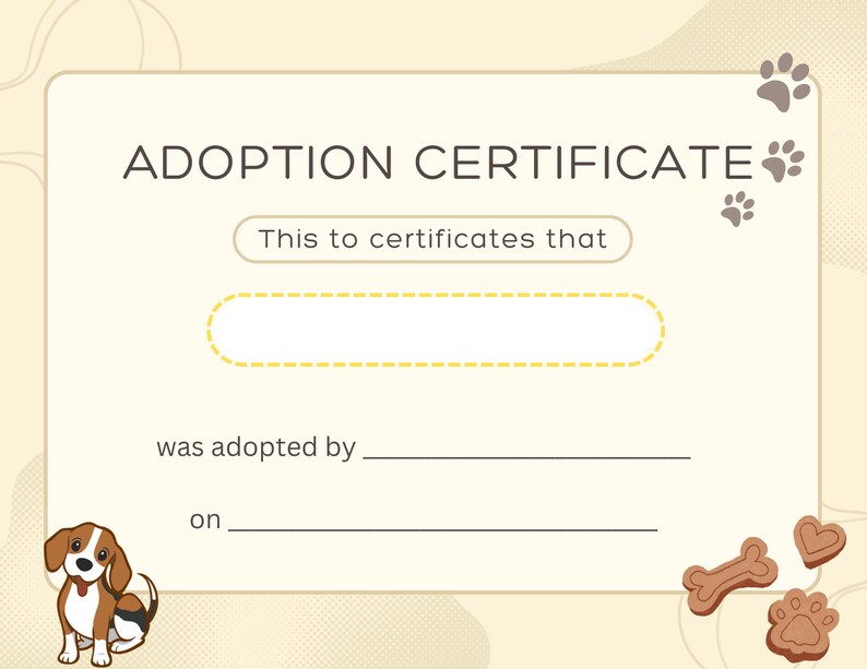 Printable Pet Adoption Certificate: Dog, Cat Keepsake (instant Download ...
