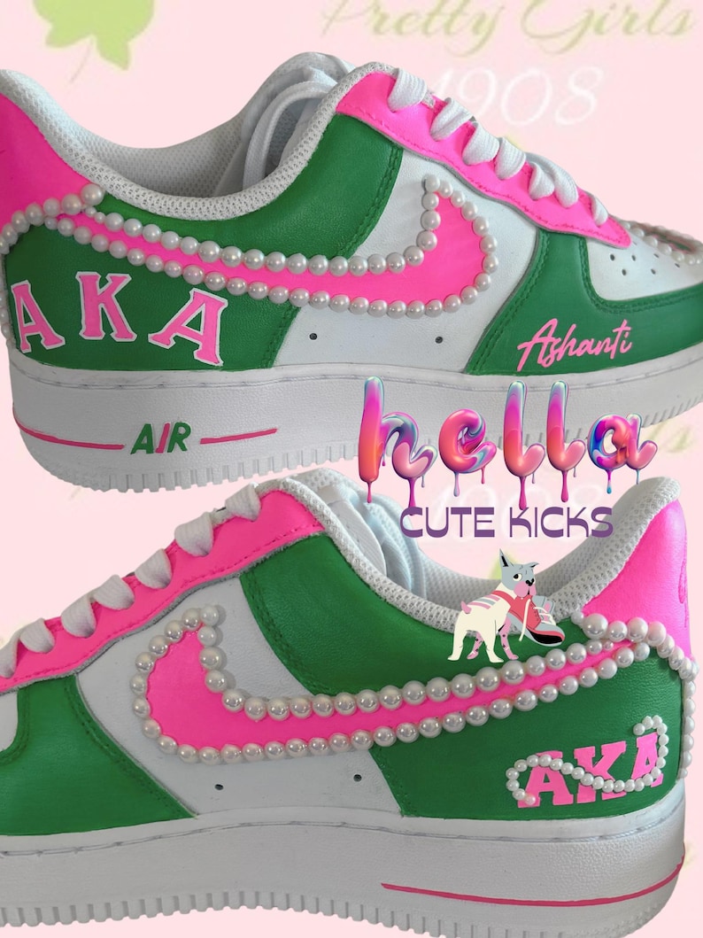 Custom Hand-painted Sneakers – Pink & Green, Pearl Detail - Etsy