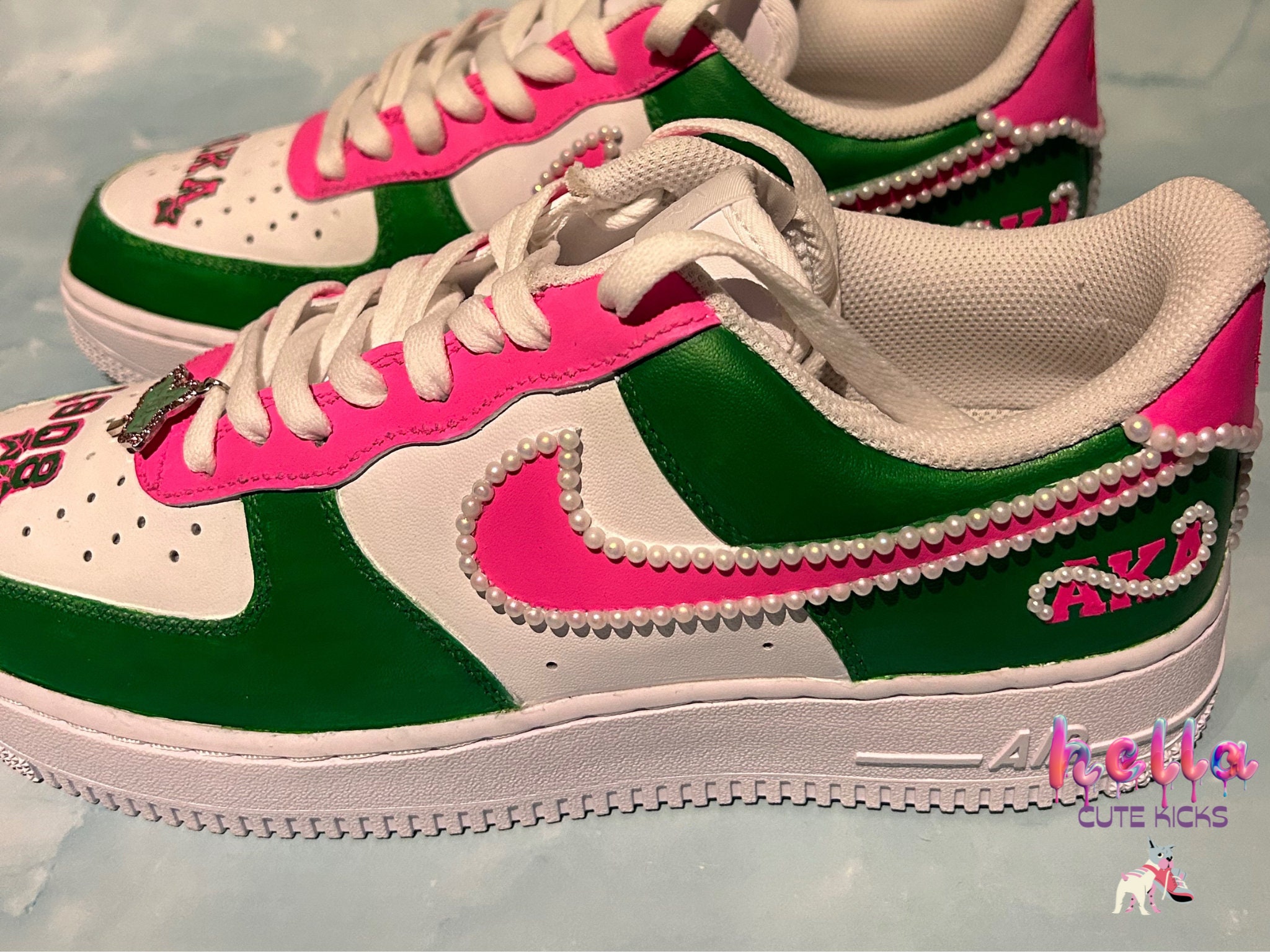 Custom Hand-painted Sneakers – Pink & Green, Pearl Detail - Etsy