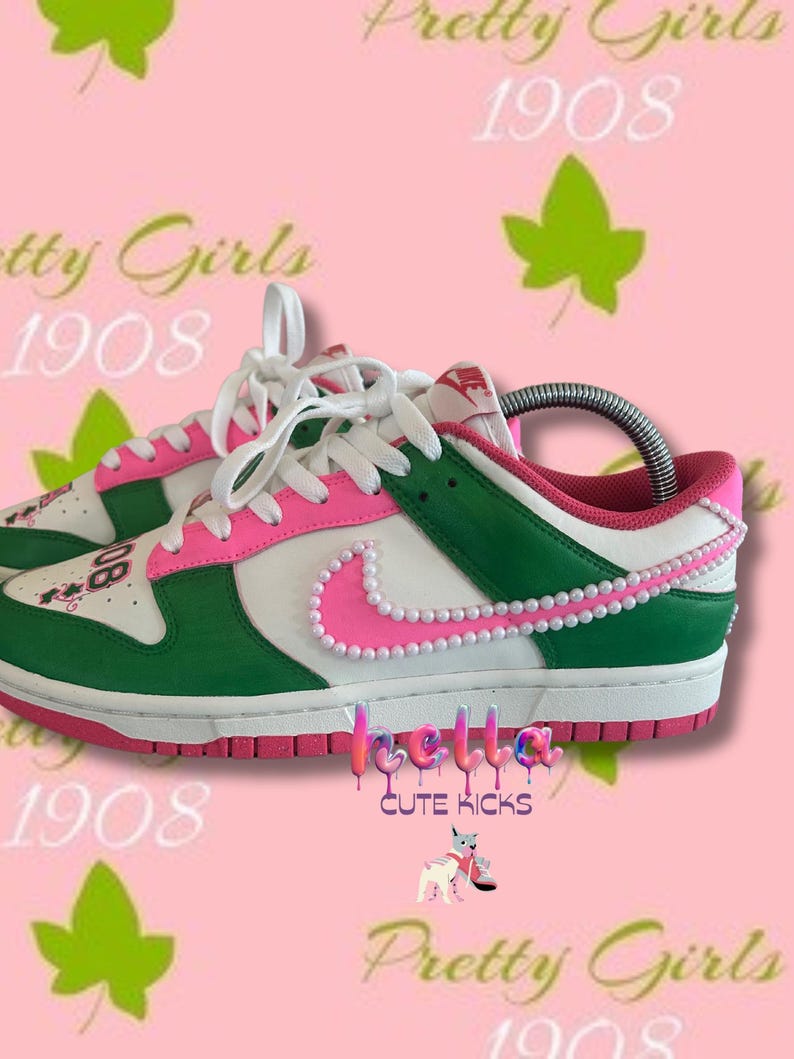 Custom AKA Sneakers | Hand-painted Pink & Green Pearl Embellished Shoes ...