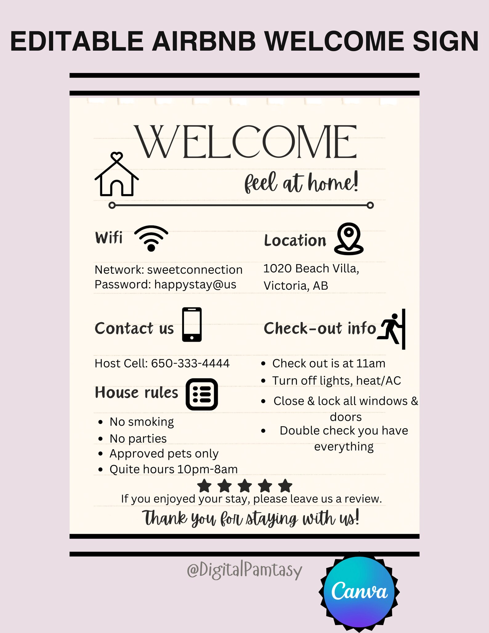 Airbnb & VRBO Host Welcome Sign Template | Vacation Rental Guest Check ...