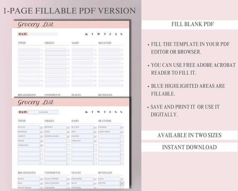Printable Fillable Grocery List Template, Simple Grocery List Planner ...
