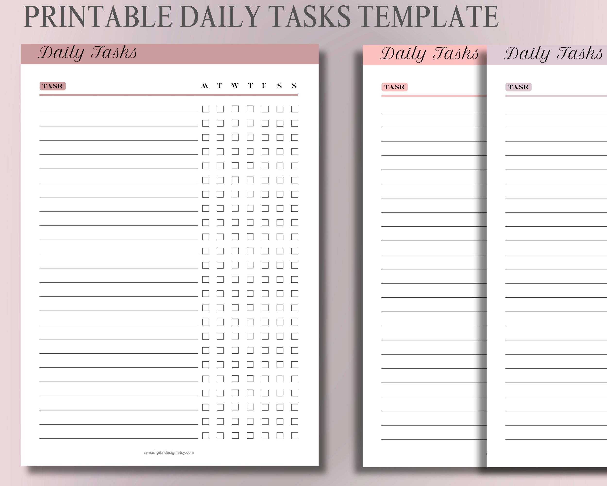 Daily Weekly Tasks Template Printable & Fillable Simple Task Checklist ...