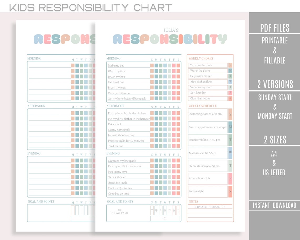 Daily Responsibility Chart for Kids Printable Fillable Kids Chore ...