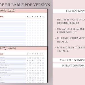 Daily Weekly Tasks Template Printable & Fillable Simple Task Checklist ...