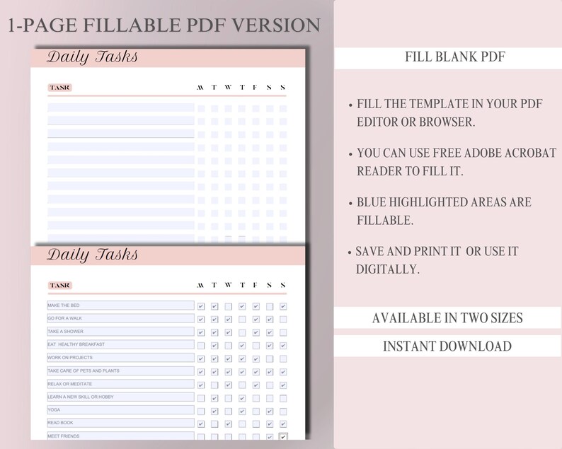Daily Weekly Tasks Template Printable & Fillable Simple Task Checklist ...