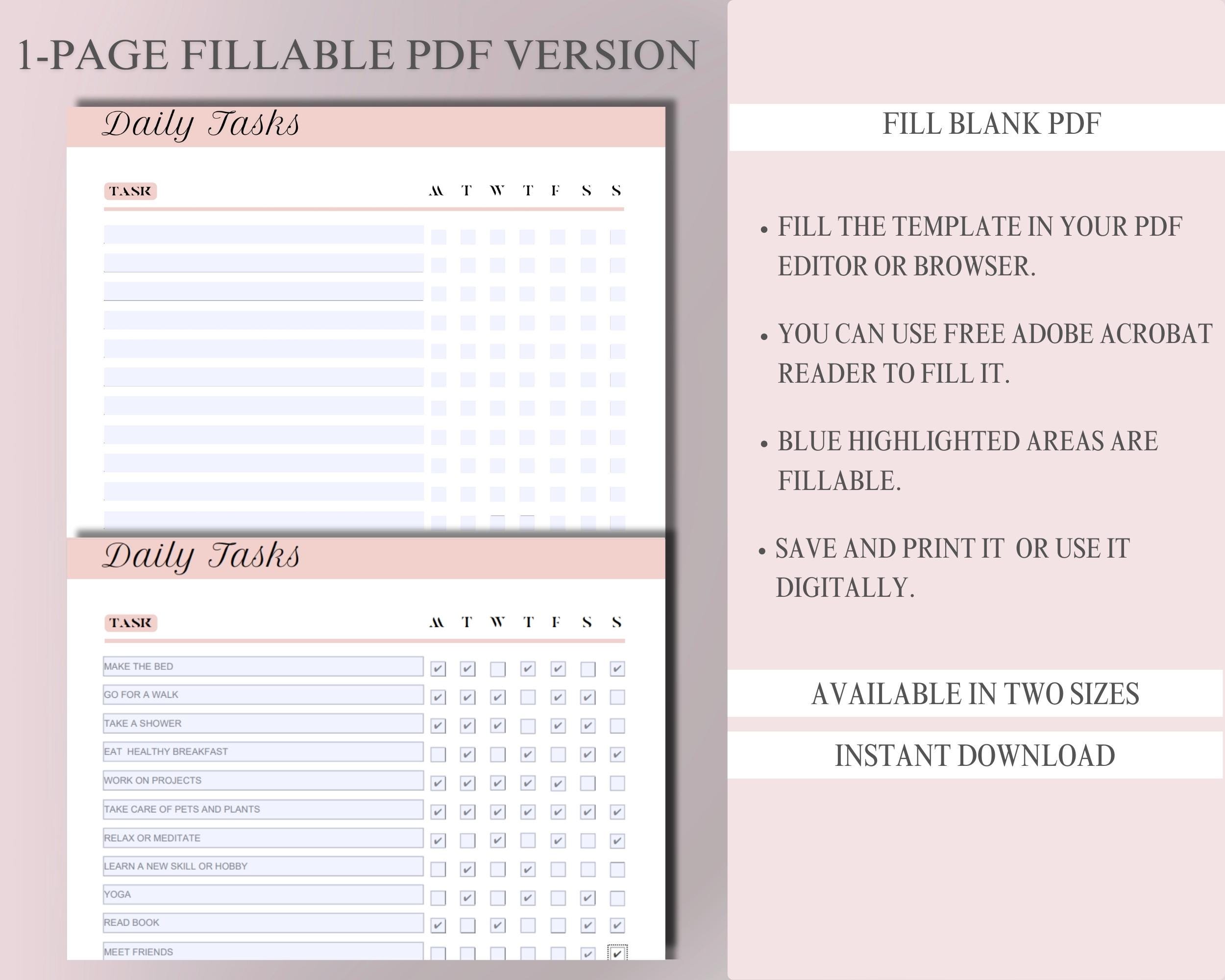 Daily Weekly Tasks Template Printable & Fillable Simple Task Checklist ...