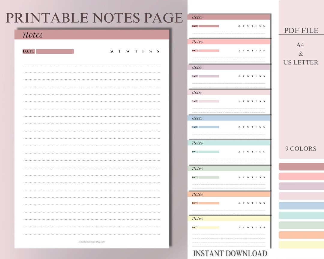 Printable Note Paper Templates in 9 Different Colors,a4 and Letter Size ...