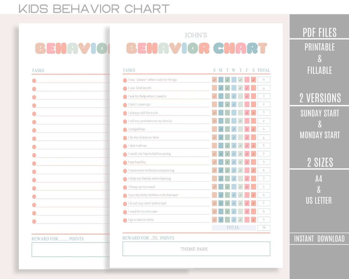 Printable Fillable Behavior Chartfor Kids Daily Weekly Good Behavior ...