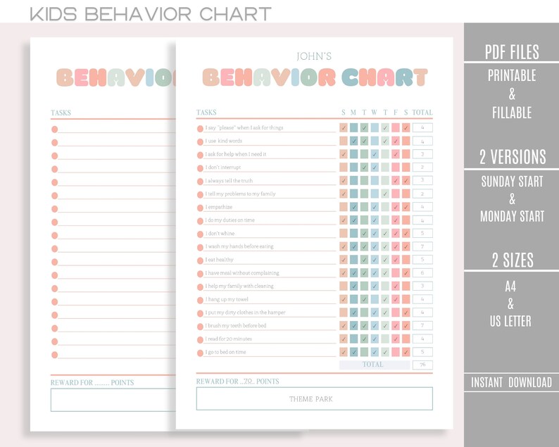 Printable Fillable Behavior Chartfor Kids Daily Weekly Good Behavior ...