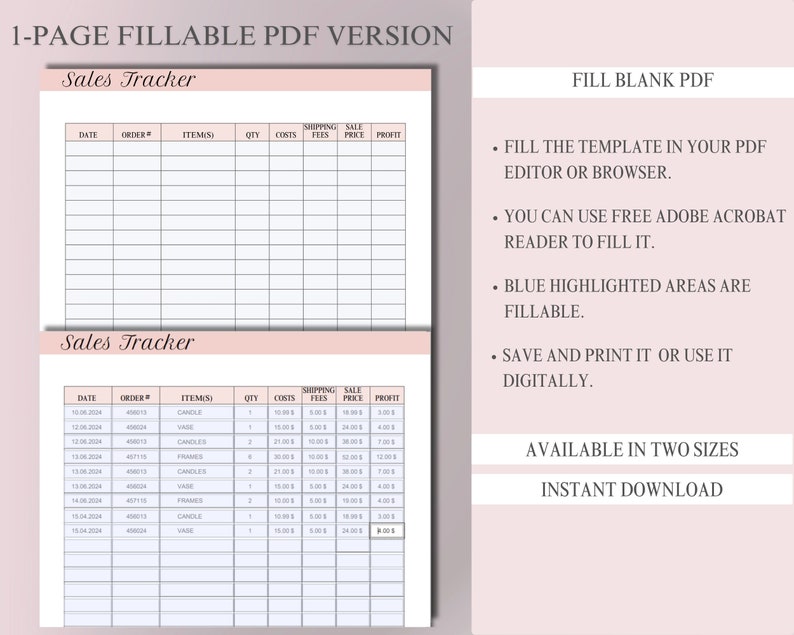 Printable Fillable Sales Tracker, Simple Sales Page, Small Business ...
