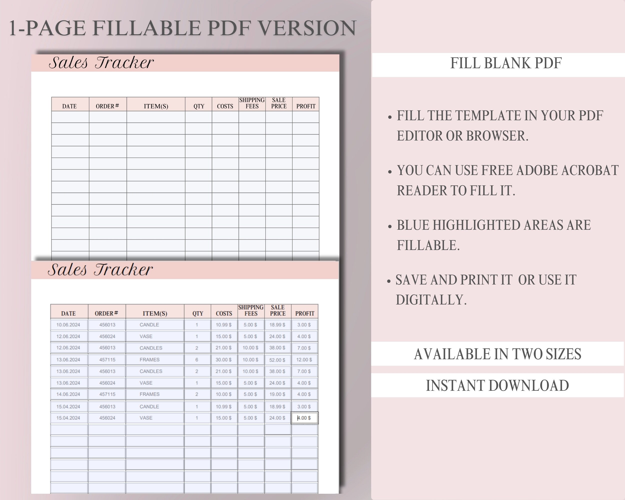Printable Fillable Sales Tracker, Simple Sales Page, Small Business ...