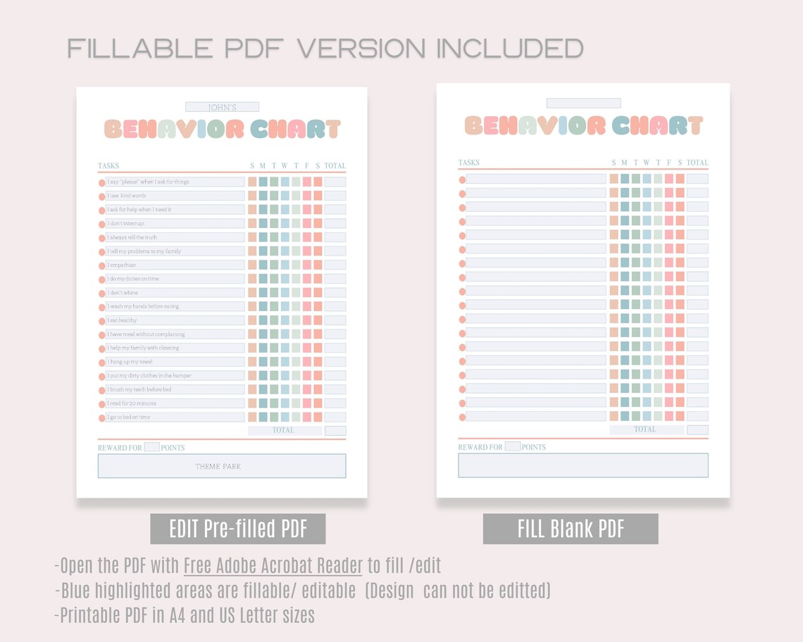 Printable Fillable Behavior Chartfor Kids Daily Weekly Good Behavior ...