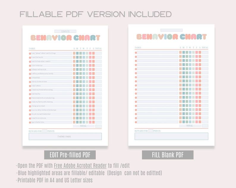 Printable Fillable Behavior Chartfor Kids Daily Weekly Good Behavior ...