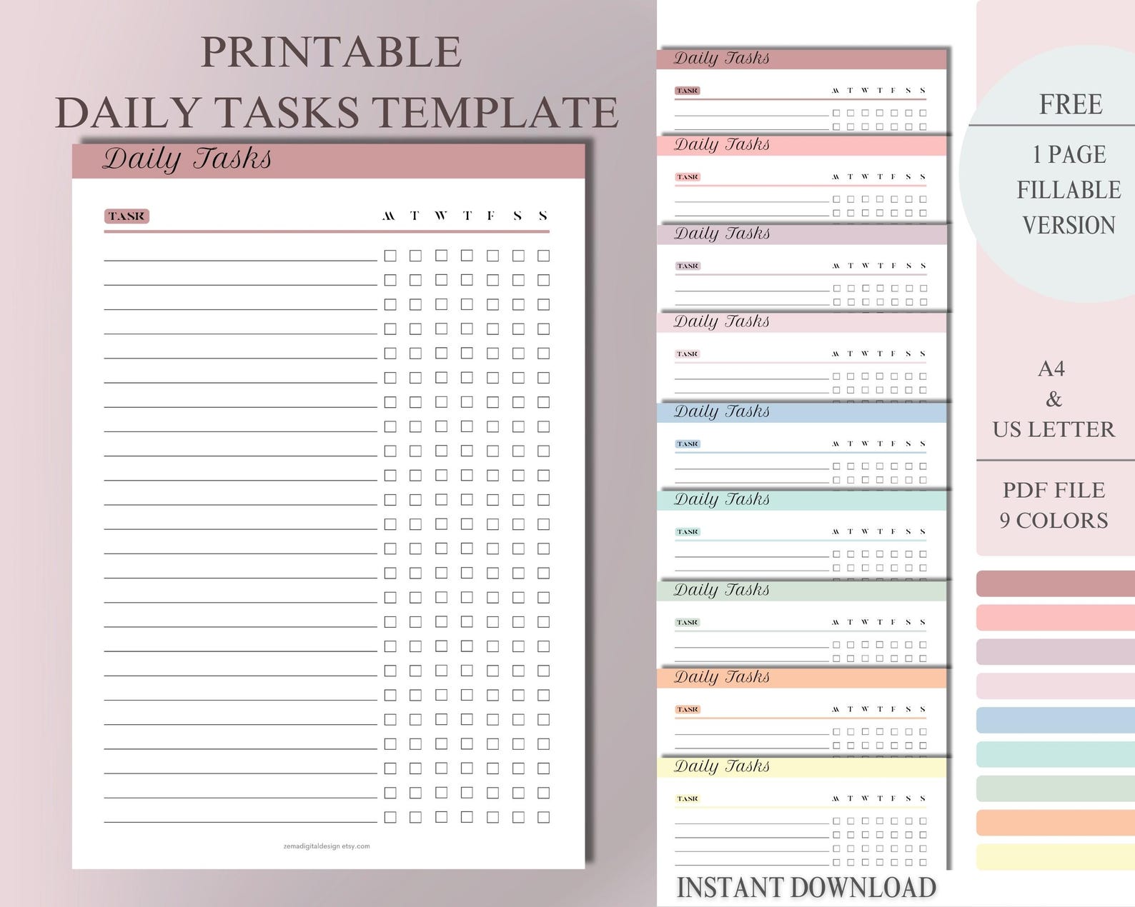 Daily Weekly Tasks Template Printable & Fillable Simple Task Checklist ...