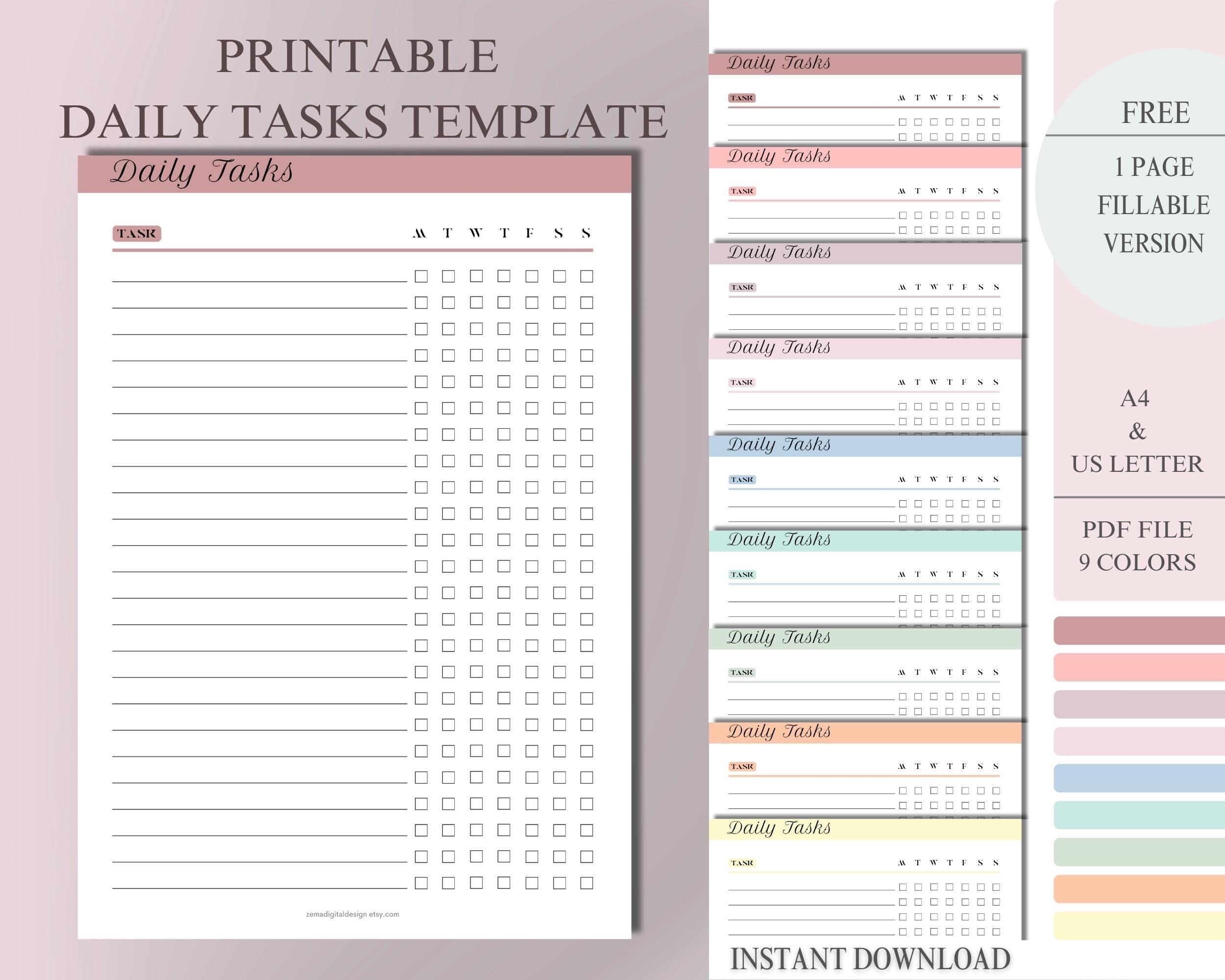 Daily Weekly Tasks Template Printable & Fillable Simple Task Checklist PDF Task Tracker, A4/ US ...