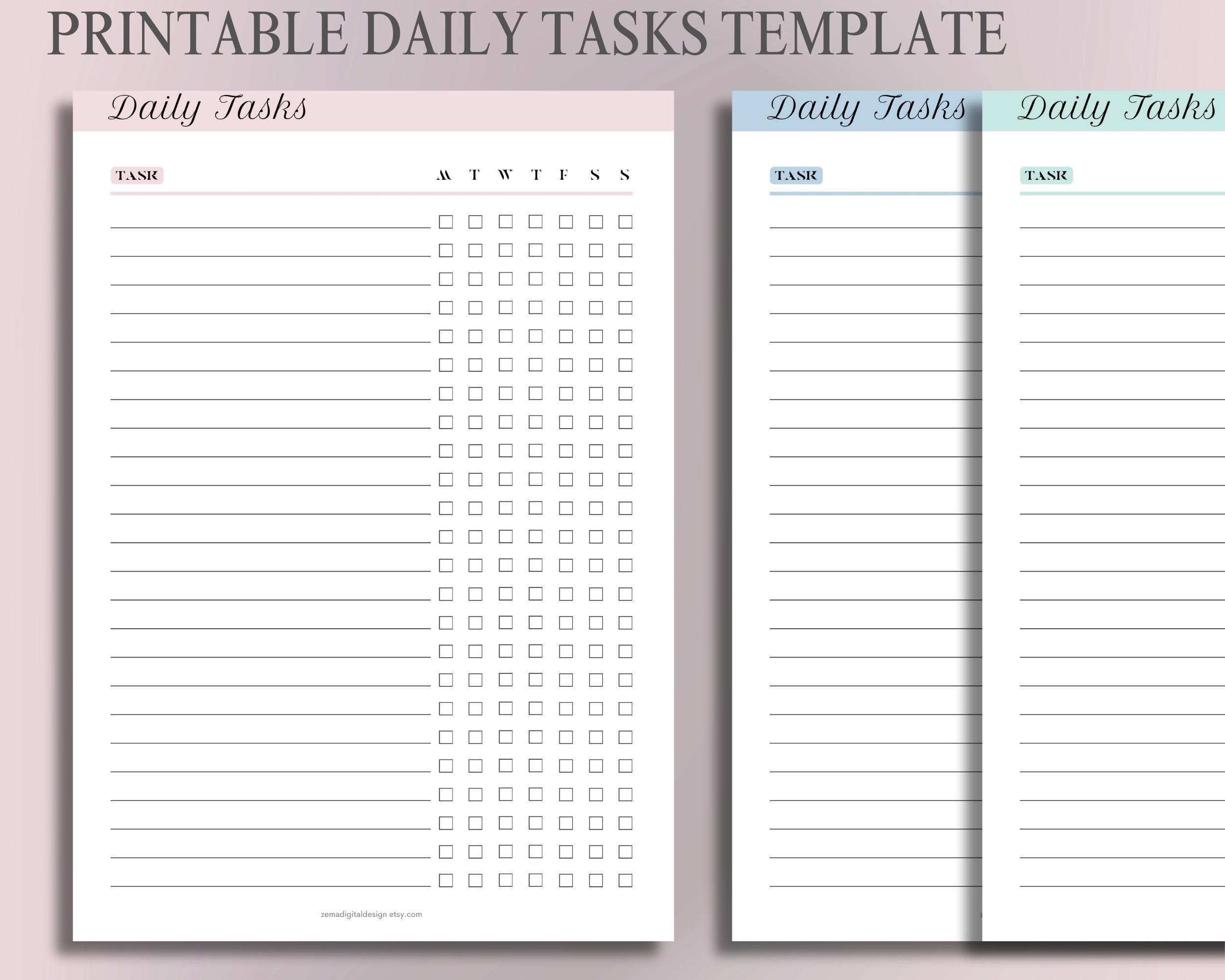 Daily Weekly Tasks Template Printable & Fillable Simple Task Checklist ...