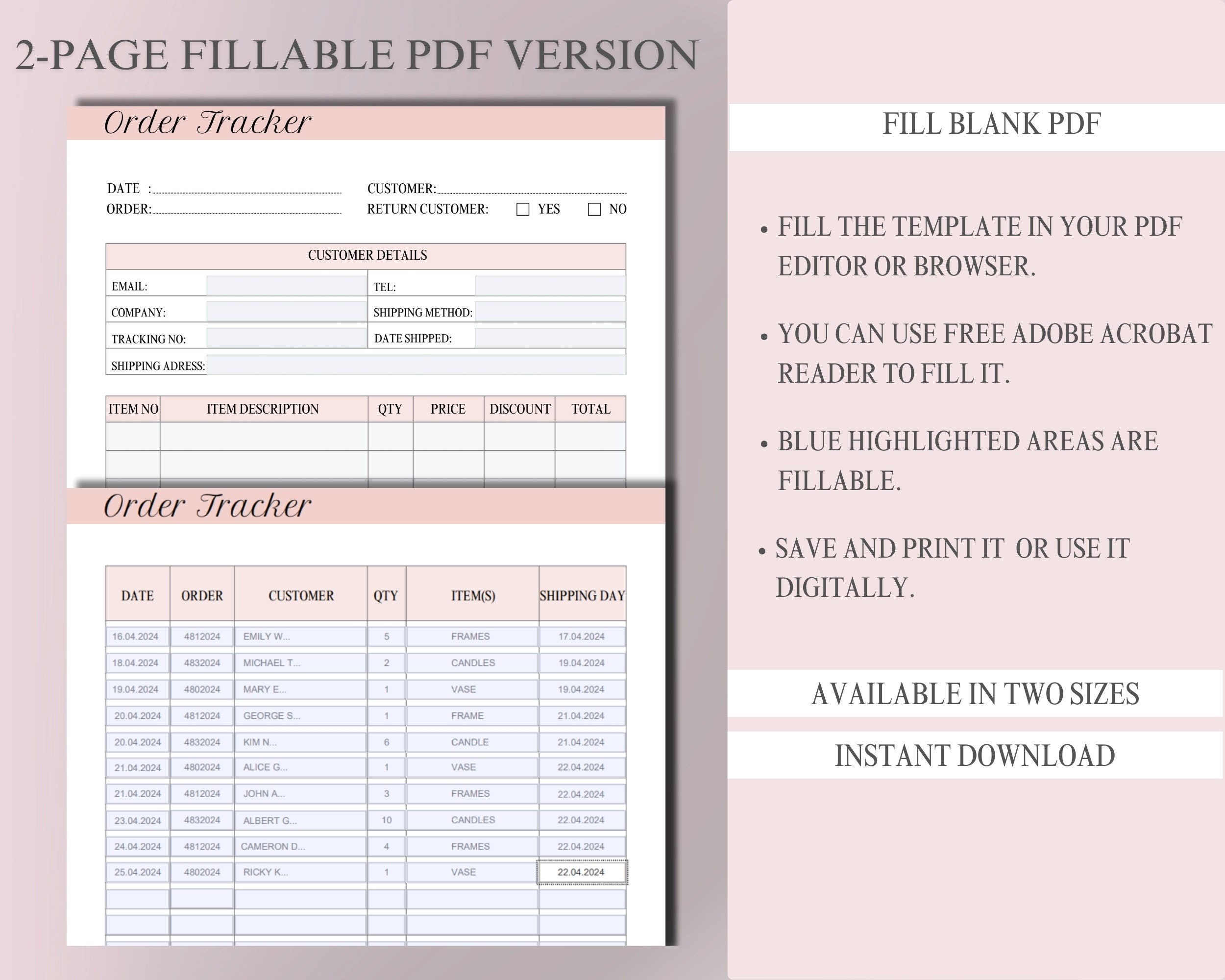 Order Tracker Printable Fillable Small Business Order Tracker Template ...