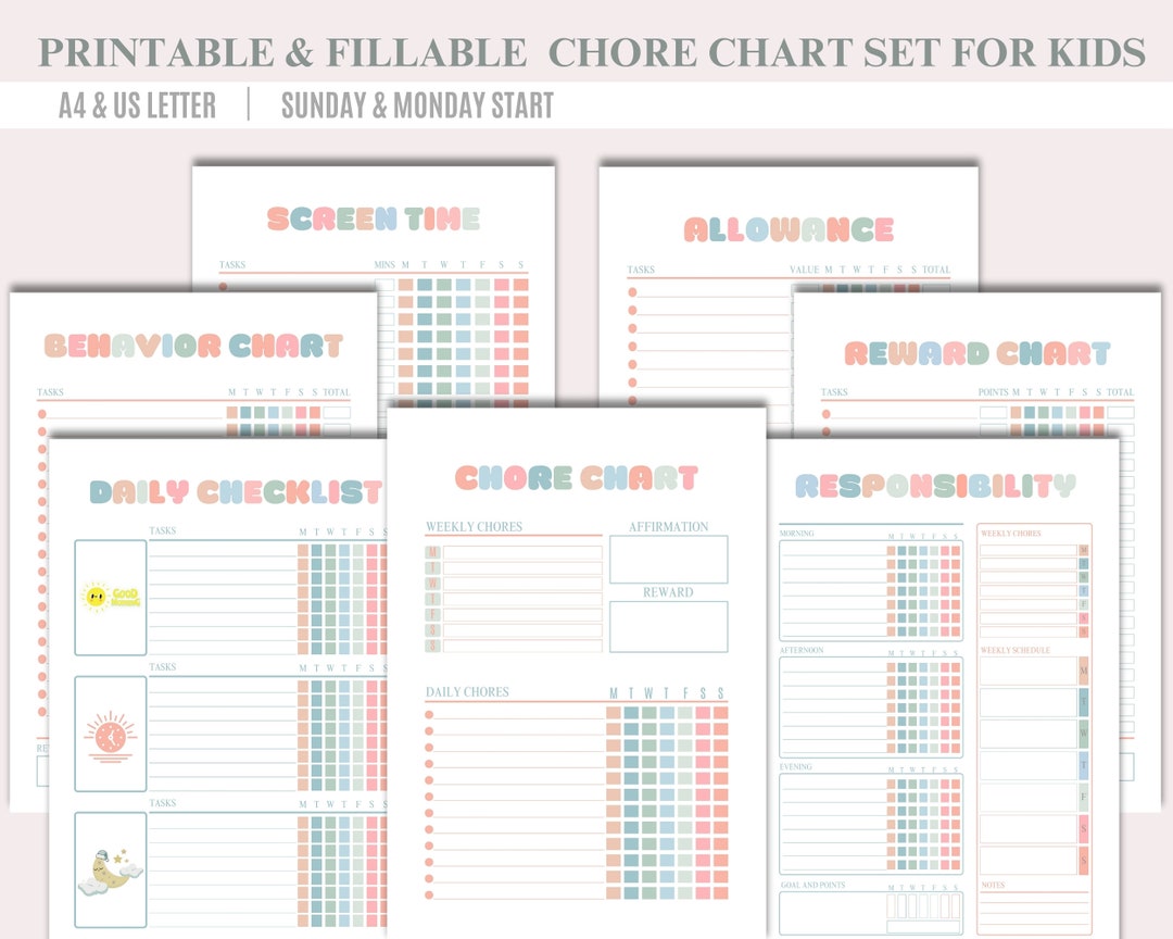 Chore Chart Bundle for Kids Printable Fillable Behavior Chart Daily ...