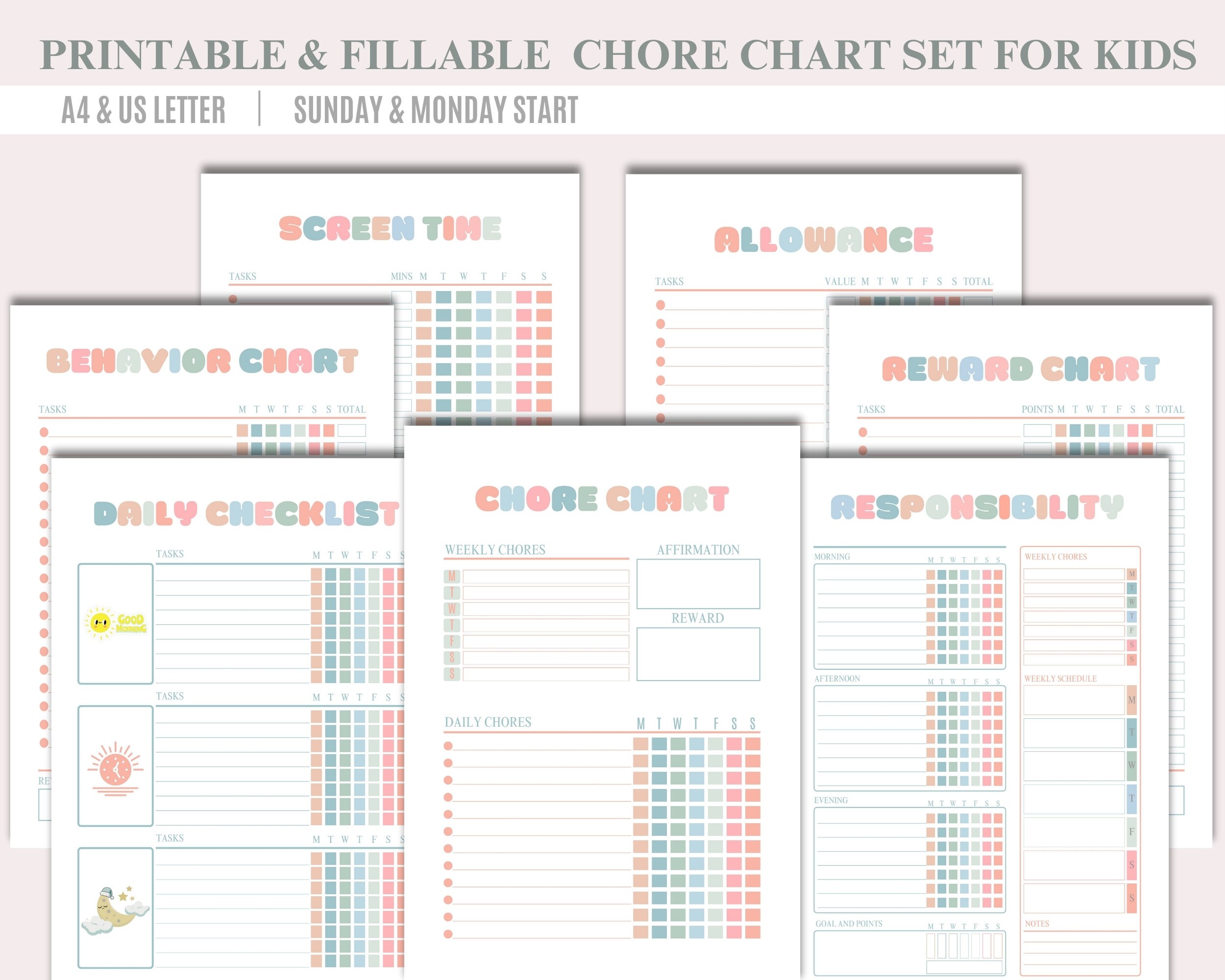 Chore Chart Bundle for Kids Printable Fillable Behavior Chart Daily ...