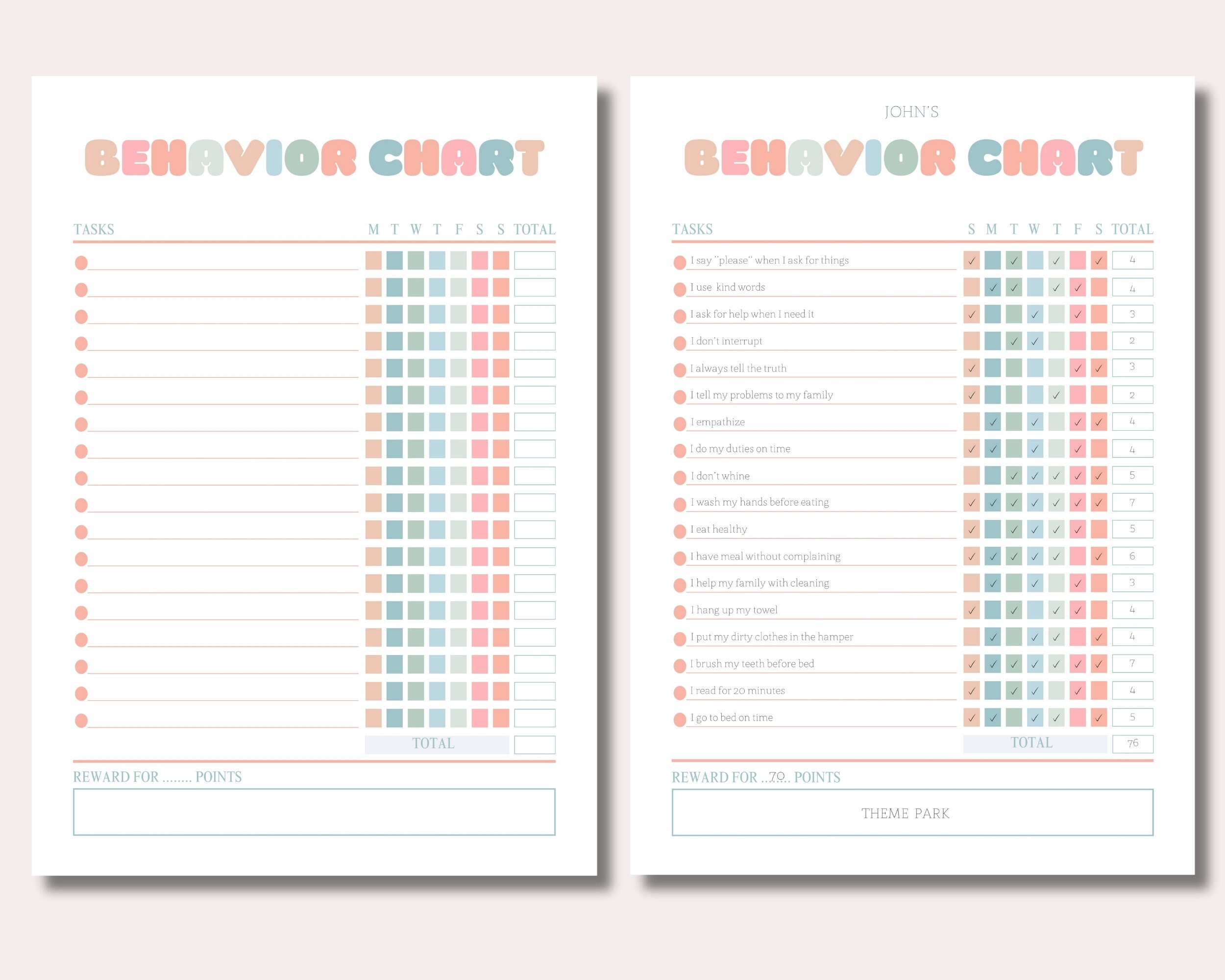 Chore Chart Bundle for Kids Printable Fillable Behavior Chart Daily ...
