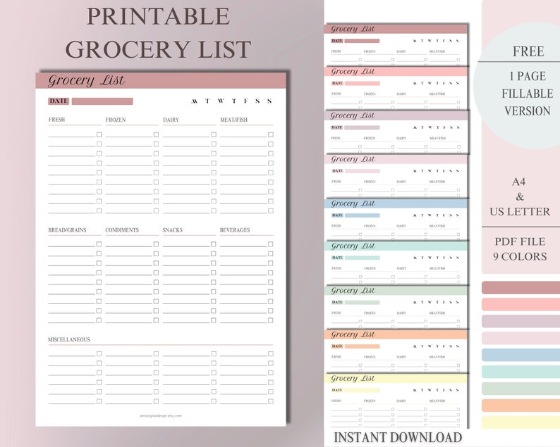 Printable Fillable Grocery List Template, Simple Grocery List Planner ...