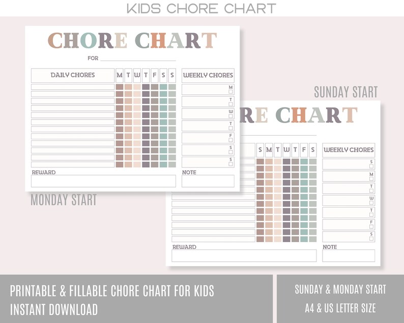 Chore Chart for Kids Printable&fillable Daily Weekly Responsibility ...