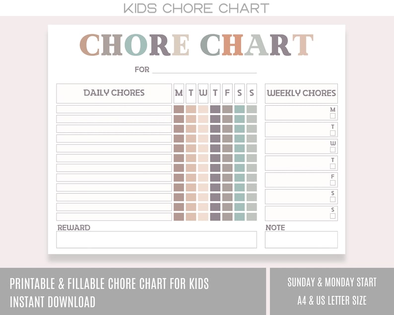 Chore Chart for Kids Printable&fillable Daily Weekly Responsibility ...
