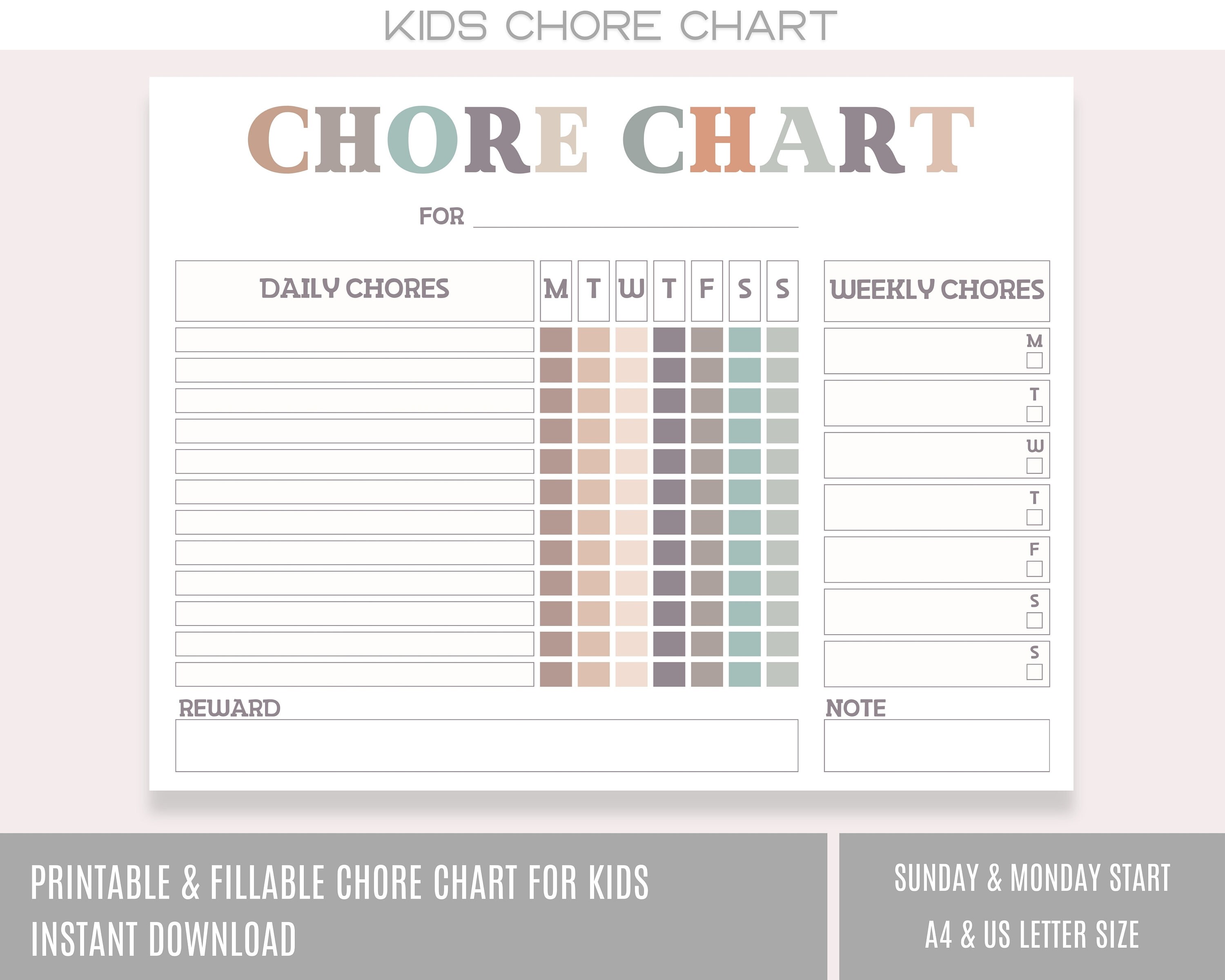 Chore Chart for Kids Printable&fillable Daily Weekly Responsibility ...
